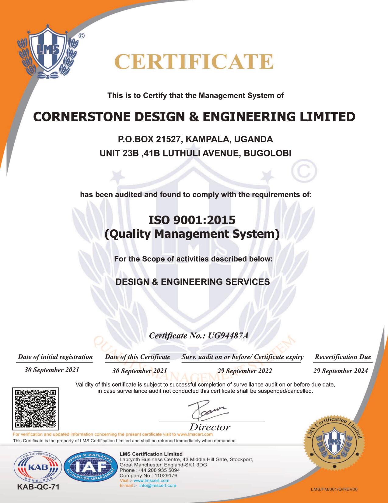 ISO Certification – Cornerstone Design & Engineering LTD